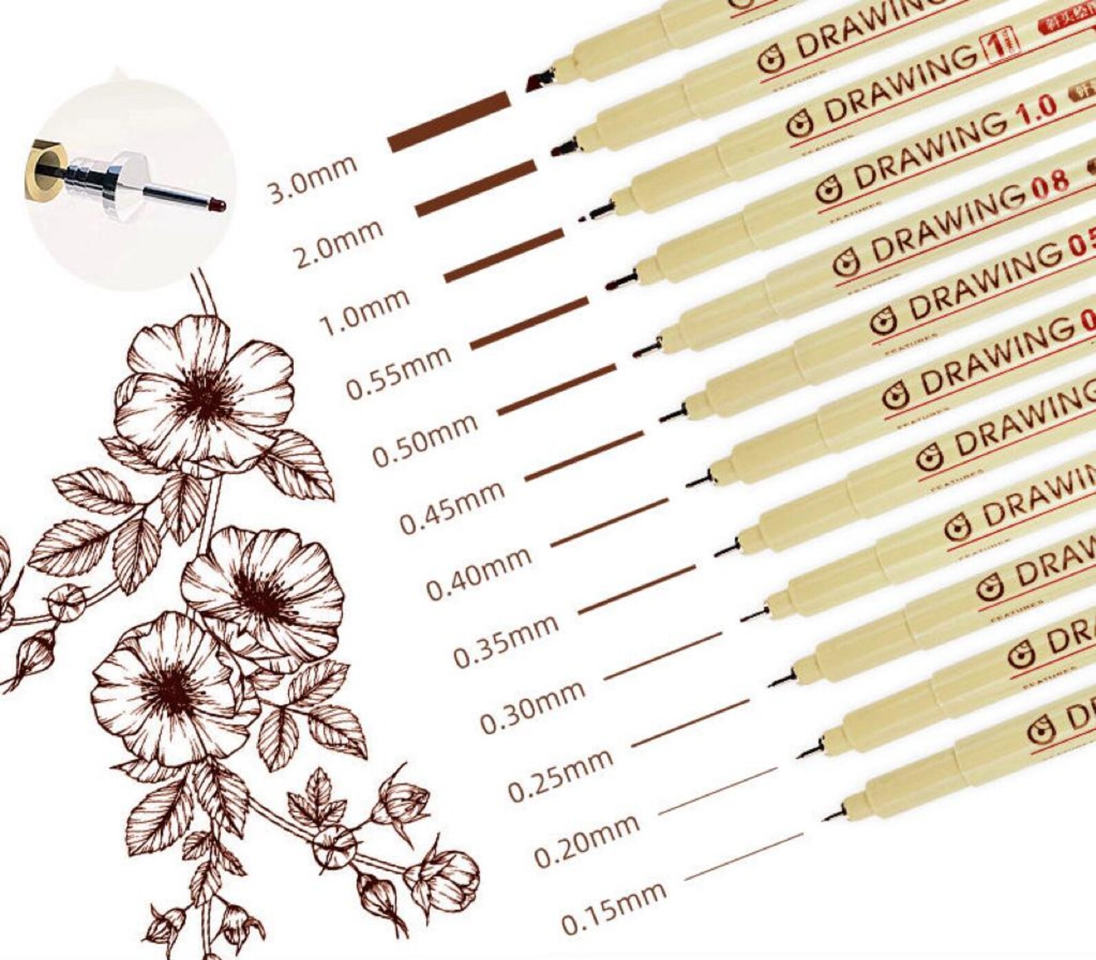 Set of 12 Brown Waterproof Fineliner Drawing Pens, Art Sketch Inking ...