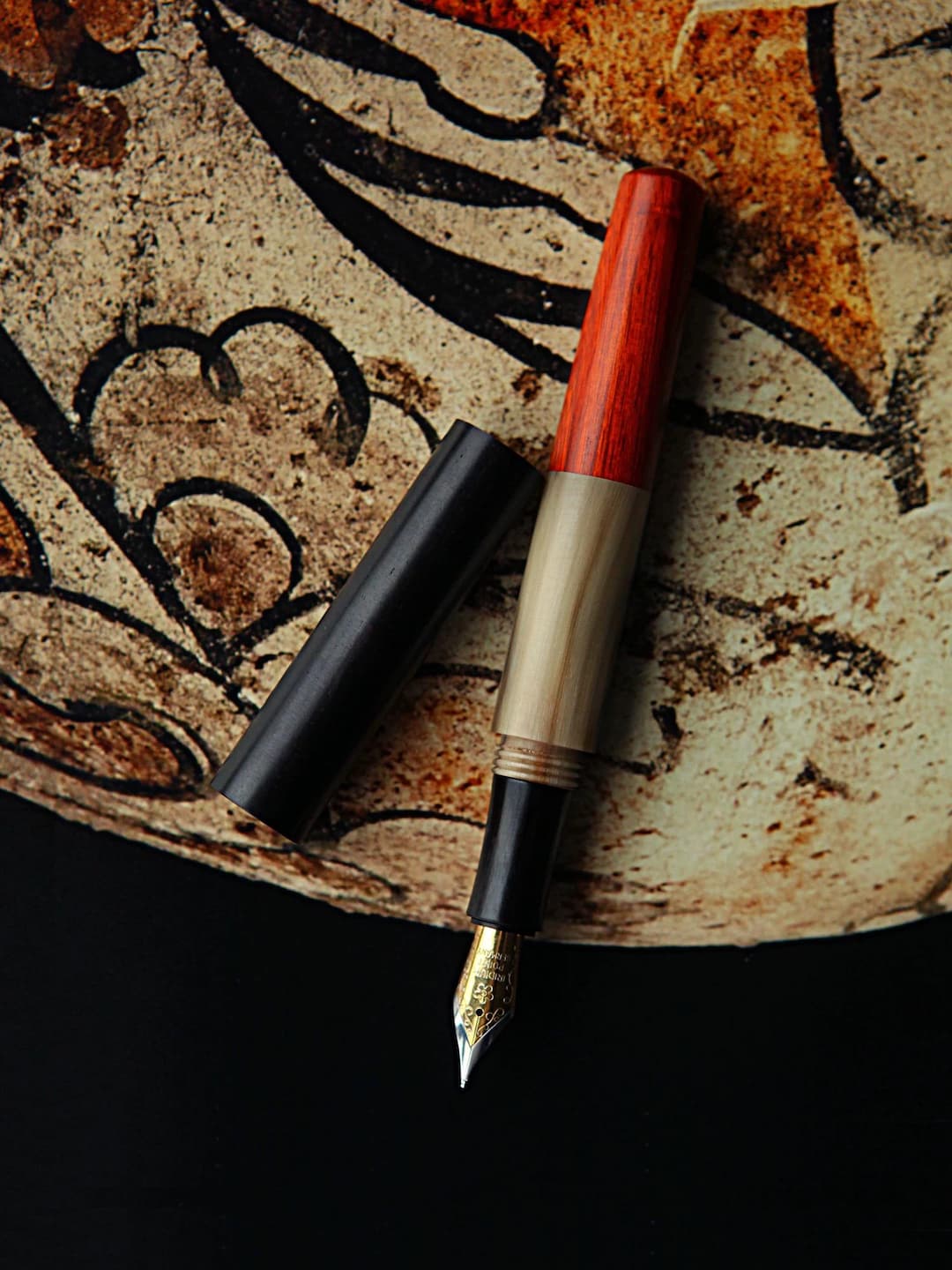 Tri-color Inlay Wooden Fountain Pen | Red Sandalwood & Ebony | Fine Nib ...