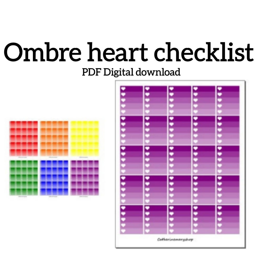 Ombre Heart Checklist Planner Stickers, Printable Pdf, Full Box, Erin ...