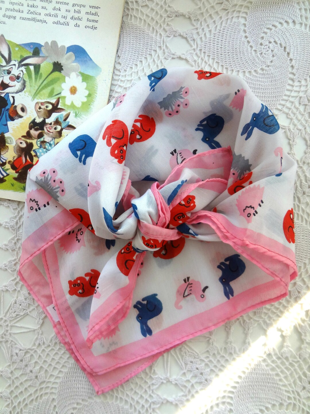 Vintage Woodland Animals Kids Scarf in Pink-small Head Scarf,vintage ...