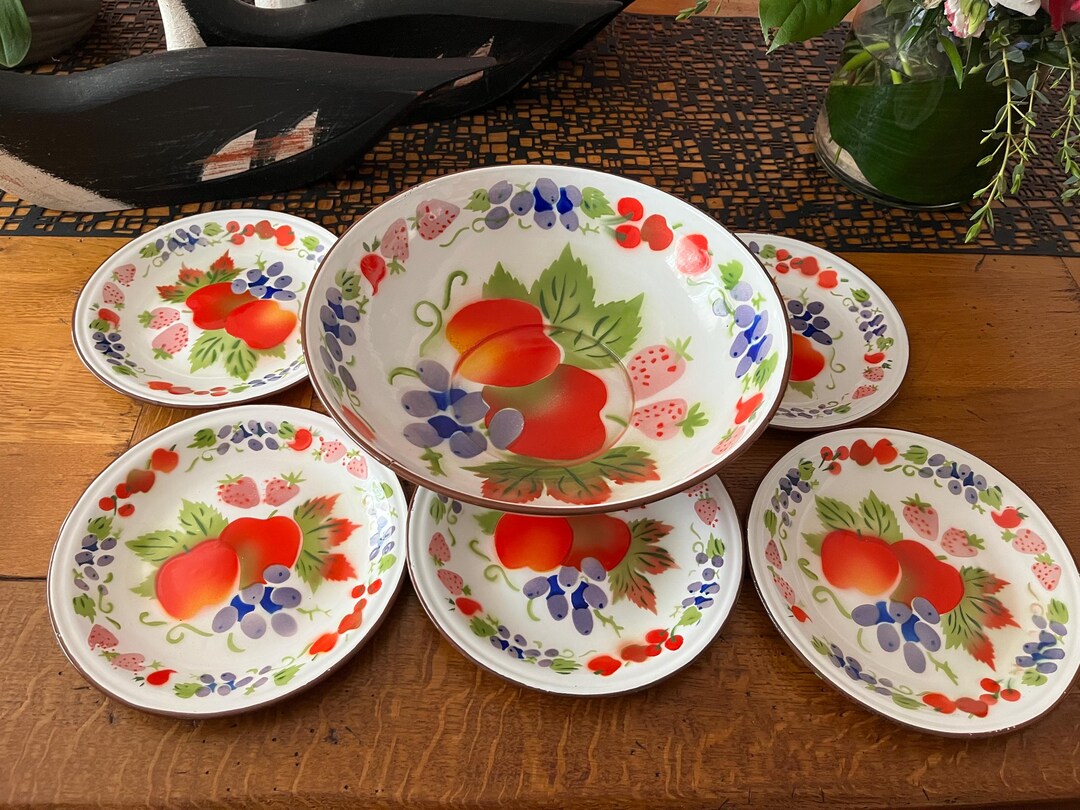 Vintage Enamelware Bowl and Plates/ Vintage Enamelware/ Apple ...