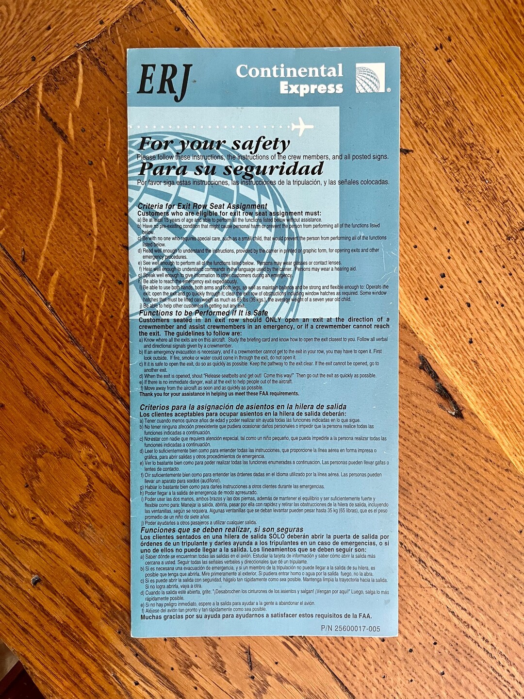 Vintage Airlines Safety Card/ ERJ Safety Card/ Vintage Continental ...
