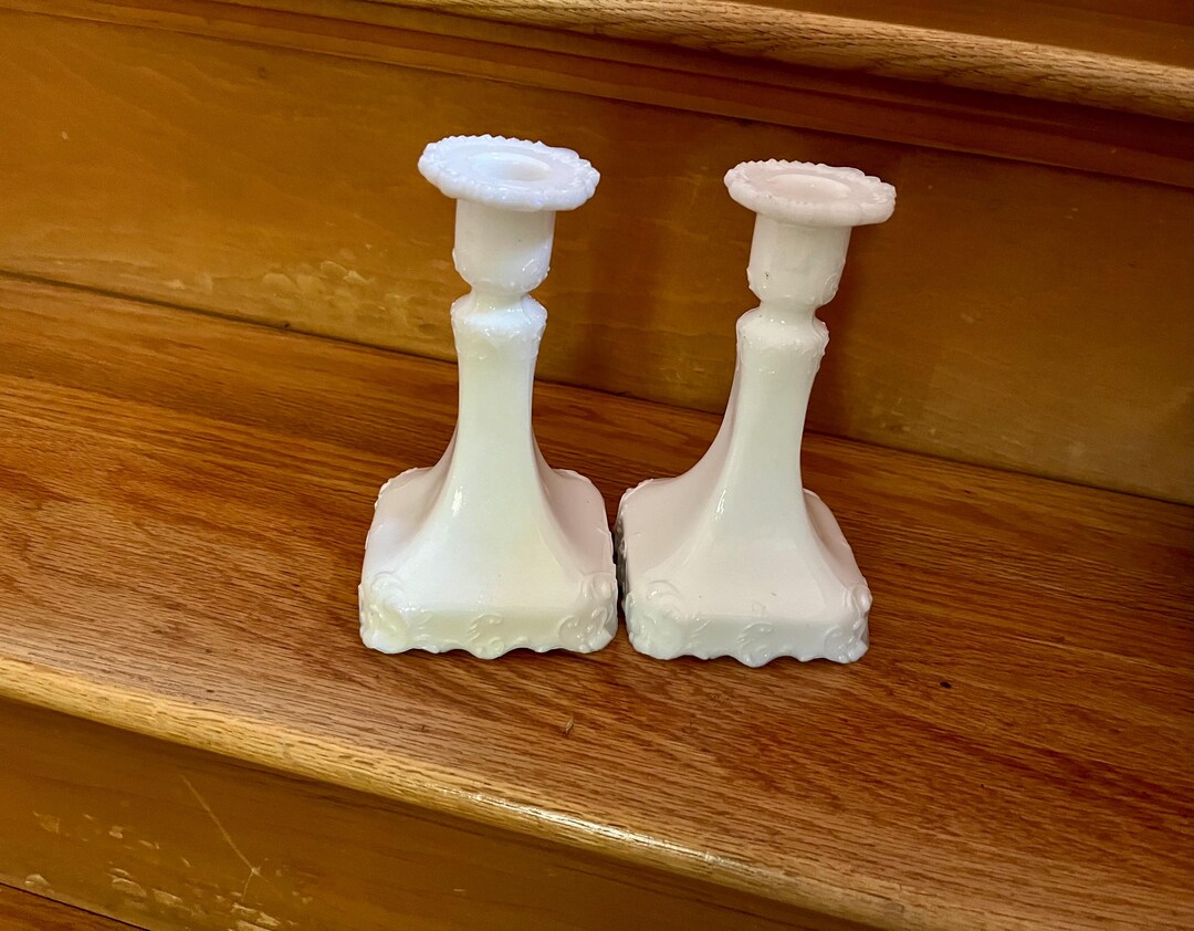 Vintage Milk Glass Candlesticks/ Pair 1960s Milk Glass Candle Holders ...