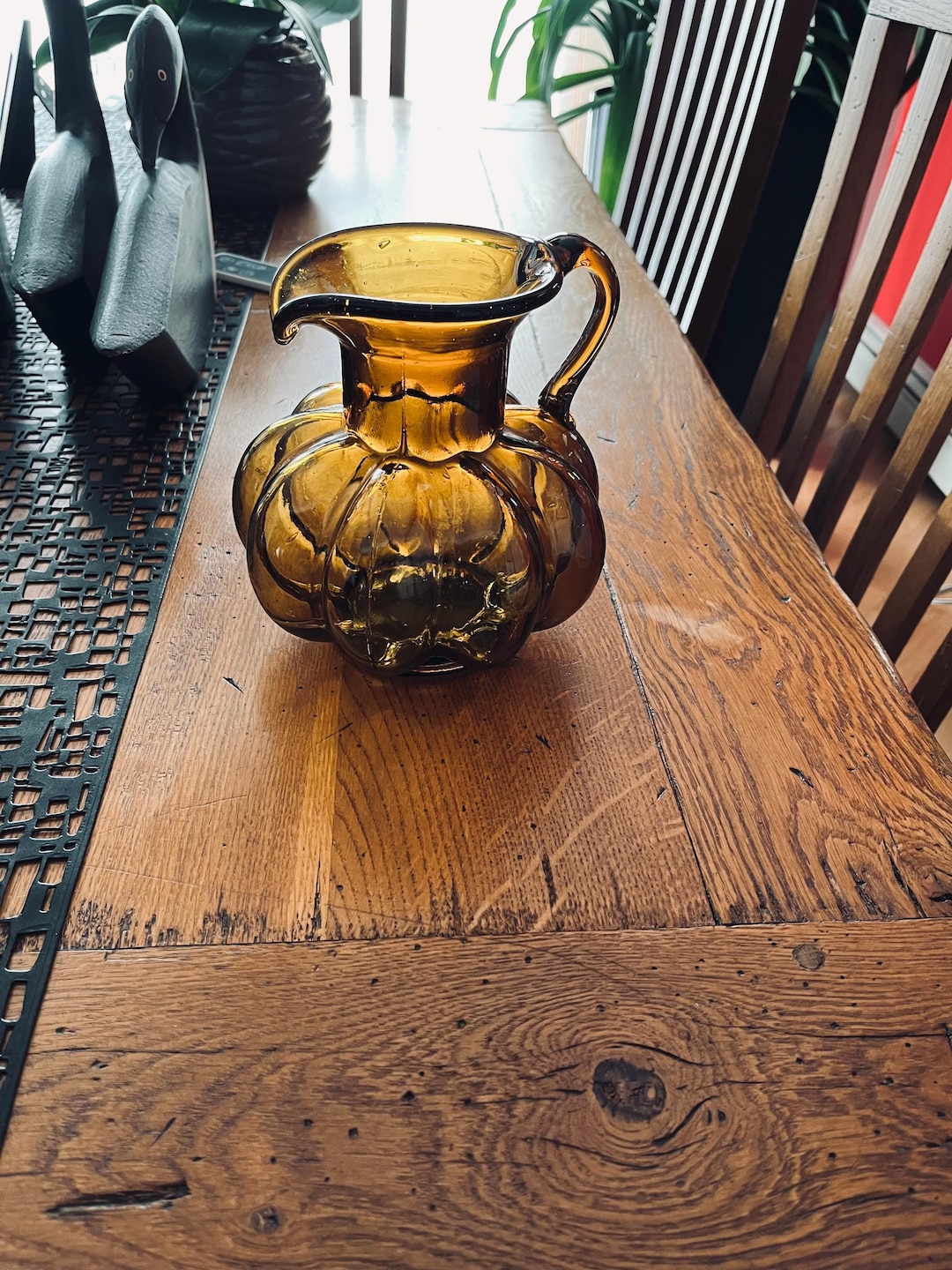 Vintage Amber Glass Hand Blown Pitcher/ Early 1900s Amber Glass Pitcher ...
