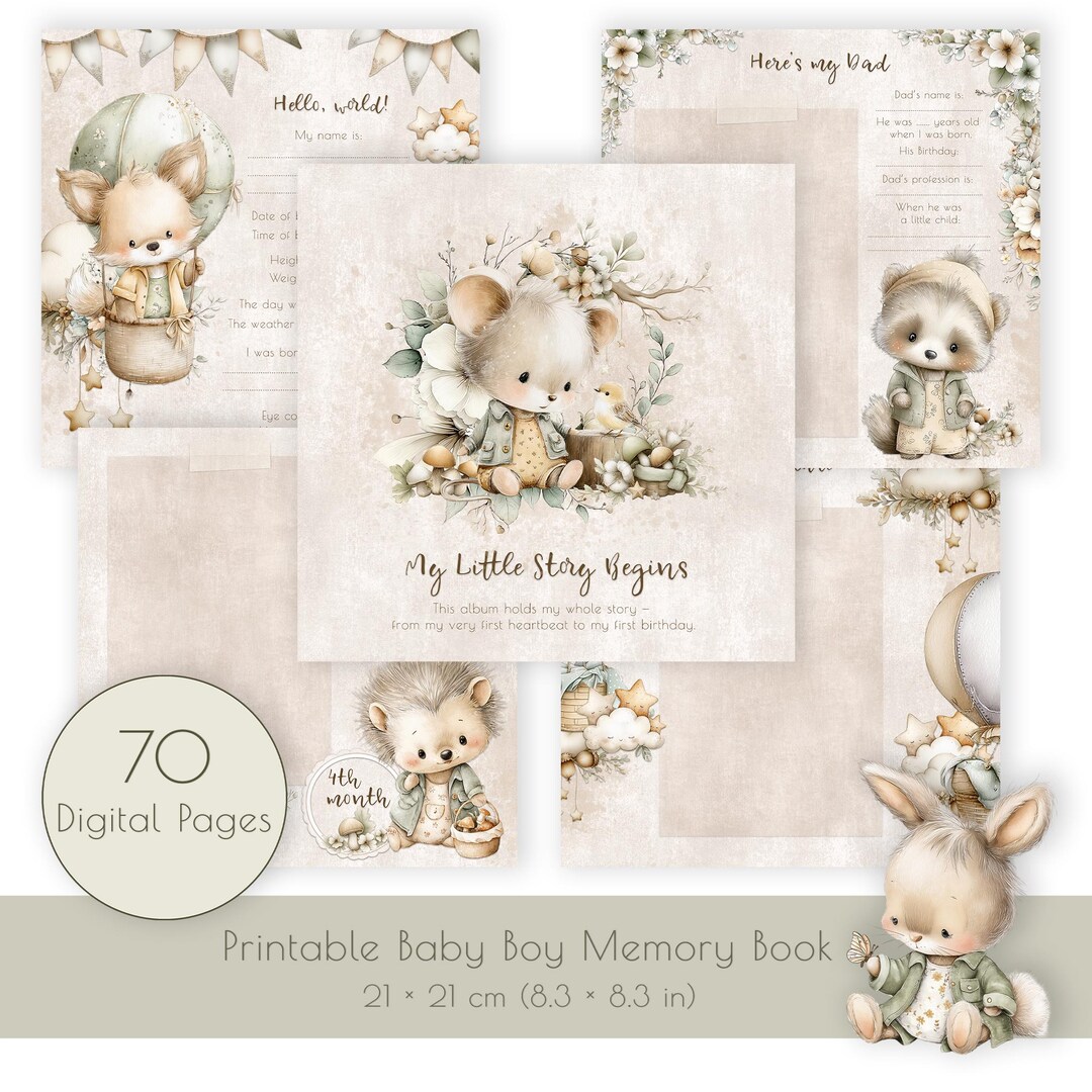 Printable Baby Memory Book, Woodland Boho Animals, 70 Pages (digital ...