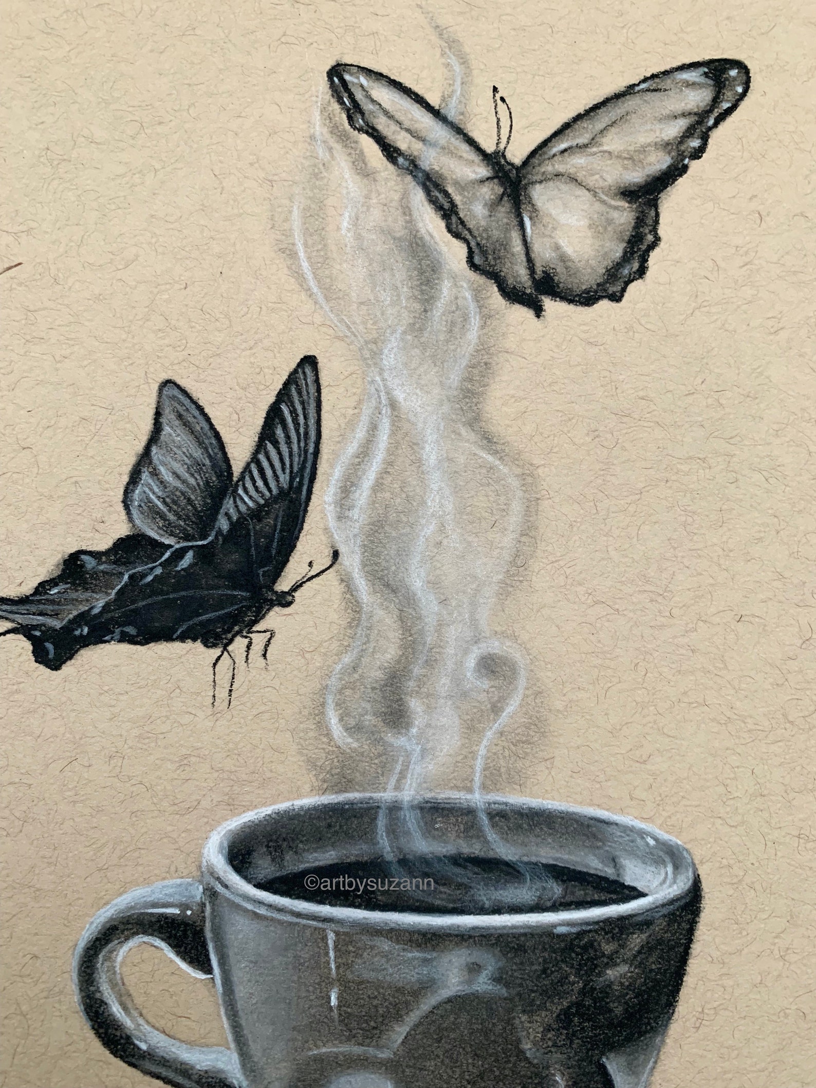 Art Print Coffee and Butterflies | Charcoal Drawing Print Coffee Art ...