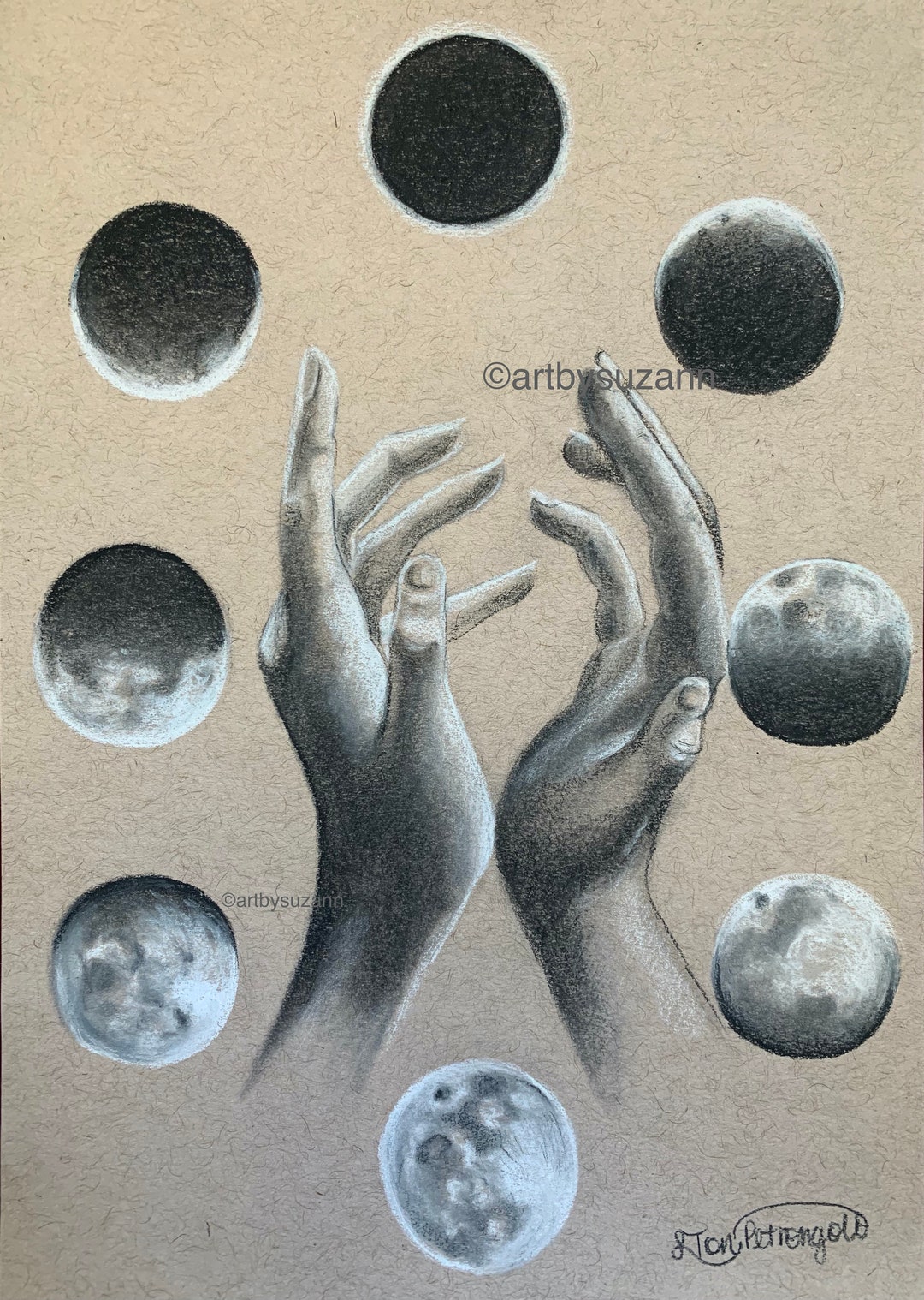 Art Print Moon Phases Drawing Astrology Art Hands and Moon Print Dark ...