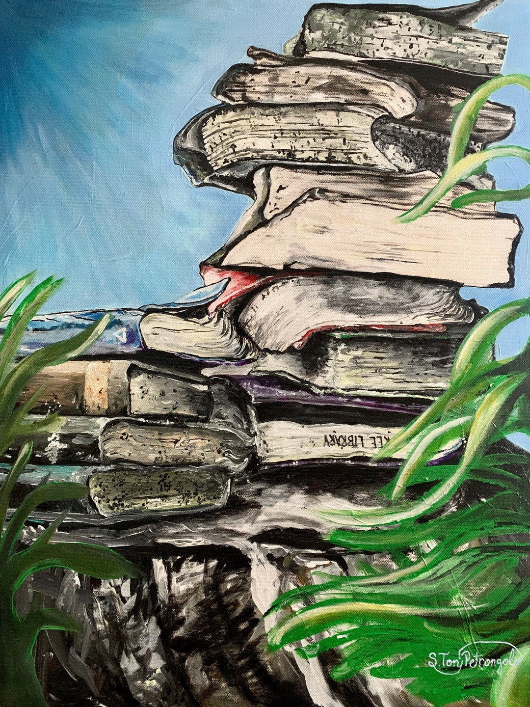 Book Pile Art Print | Vintage Books Painting | Book Lover Art | Library ...