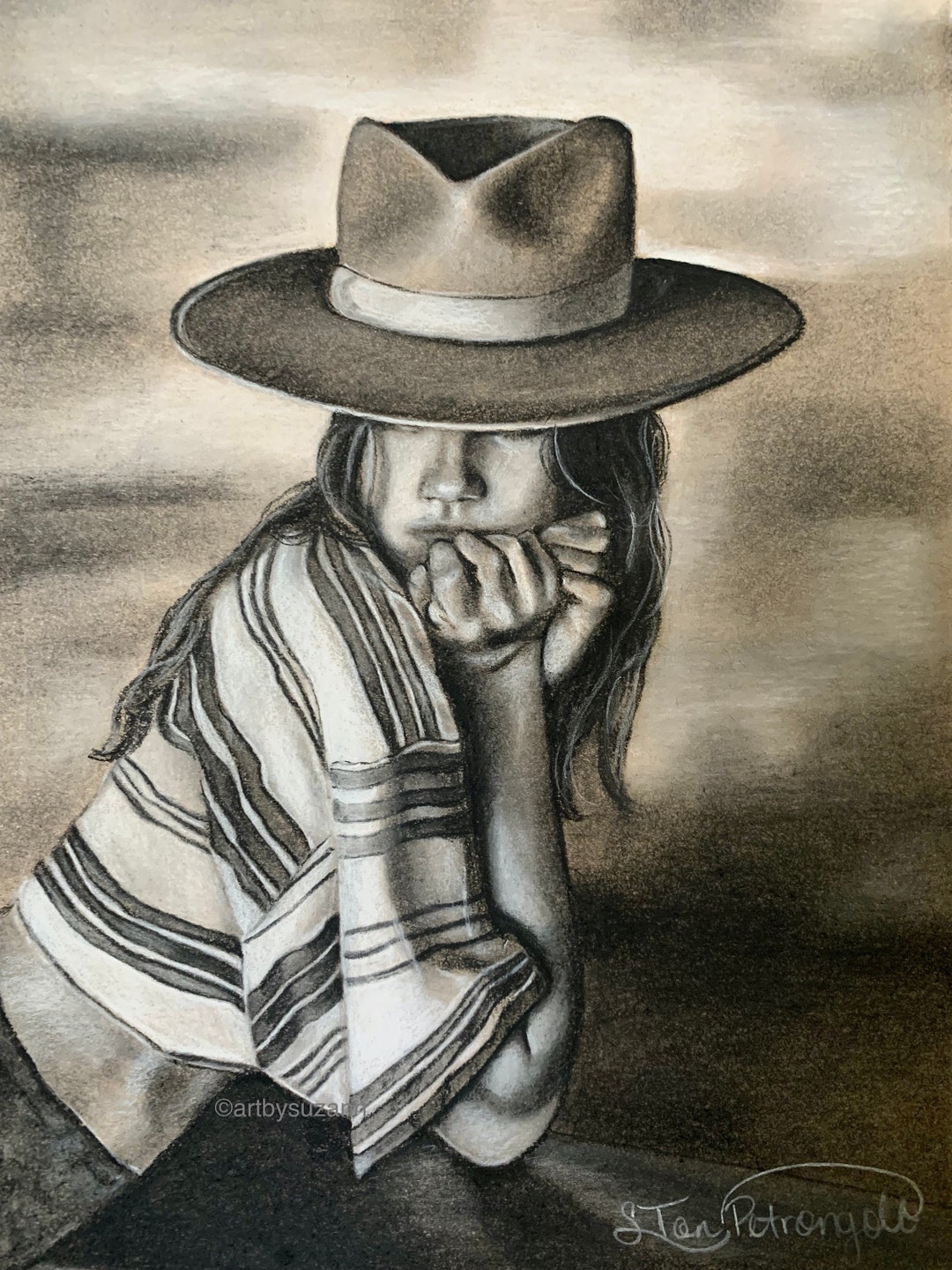 Original Drawing Cowgirl Girl in Cowboy Hat Art | Charcoal Drawing ...