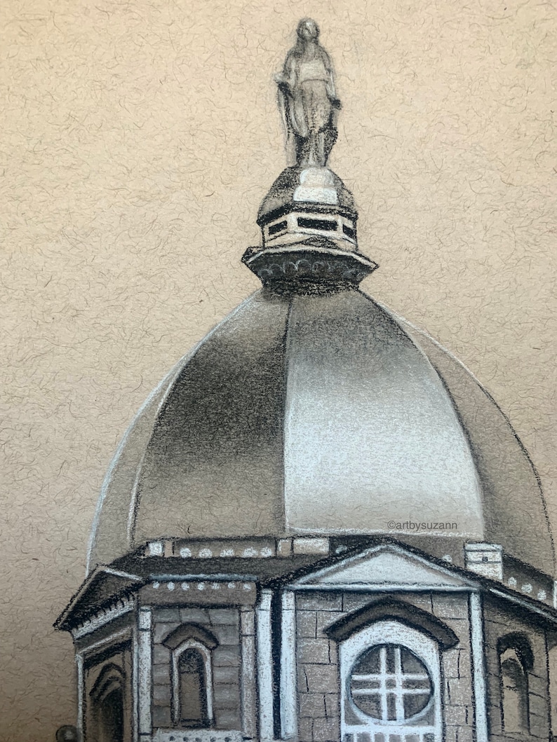 Art Print Notre Dame Dome Drawing University of Notre Dame Charcoal ...