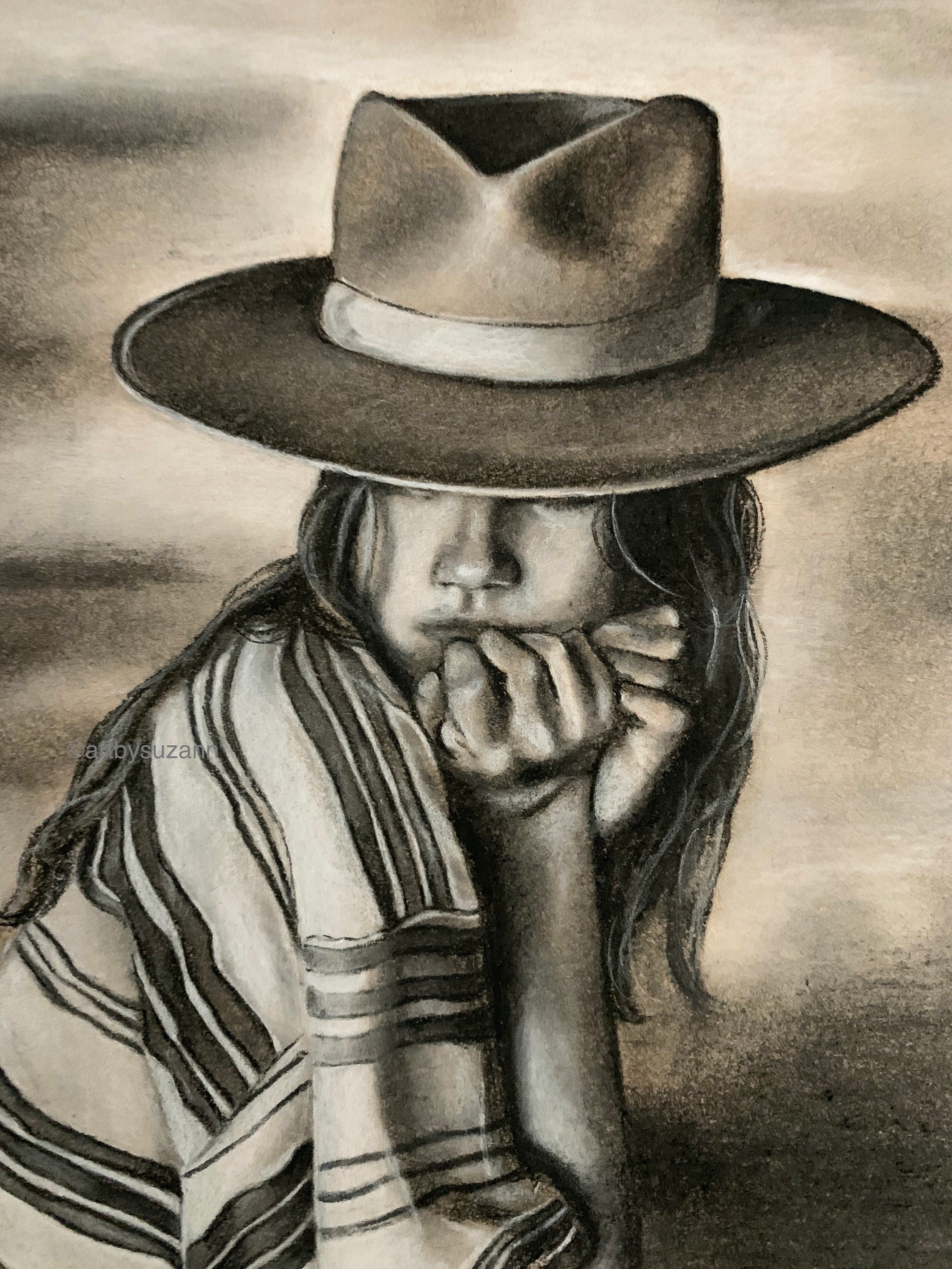 Original Drawing Cowgirl Girl in Cowboy Hat Art | Charcoal Drawing ...