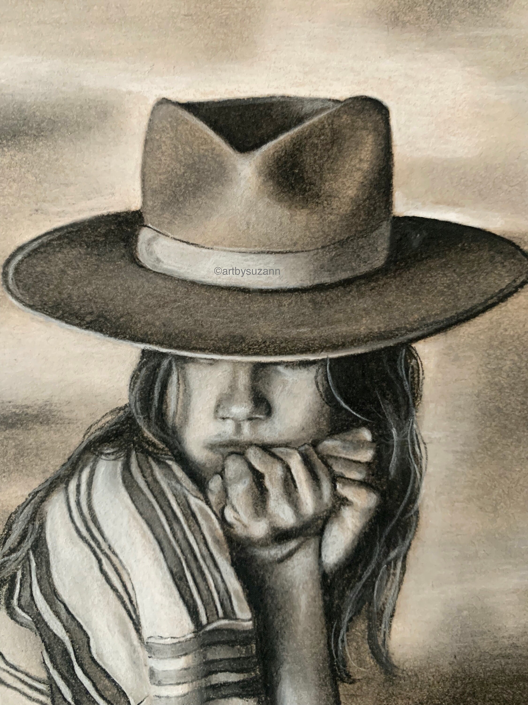 Original Drawing Cowgirl Girl in Cowboy Hat Art | Charcoal Drawing ...