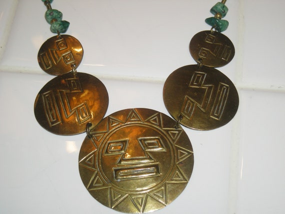 Vintage Mayan Aztec Sun God Brass and Turquoise 22" N… - Gem
