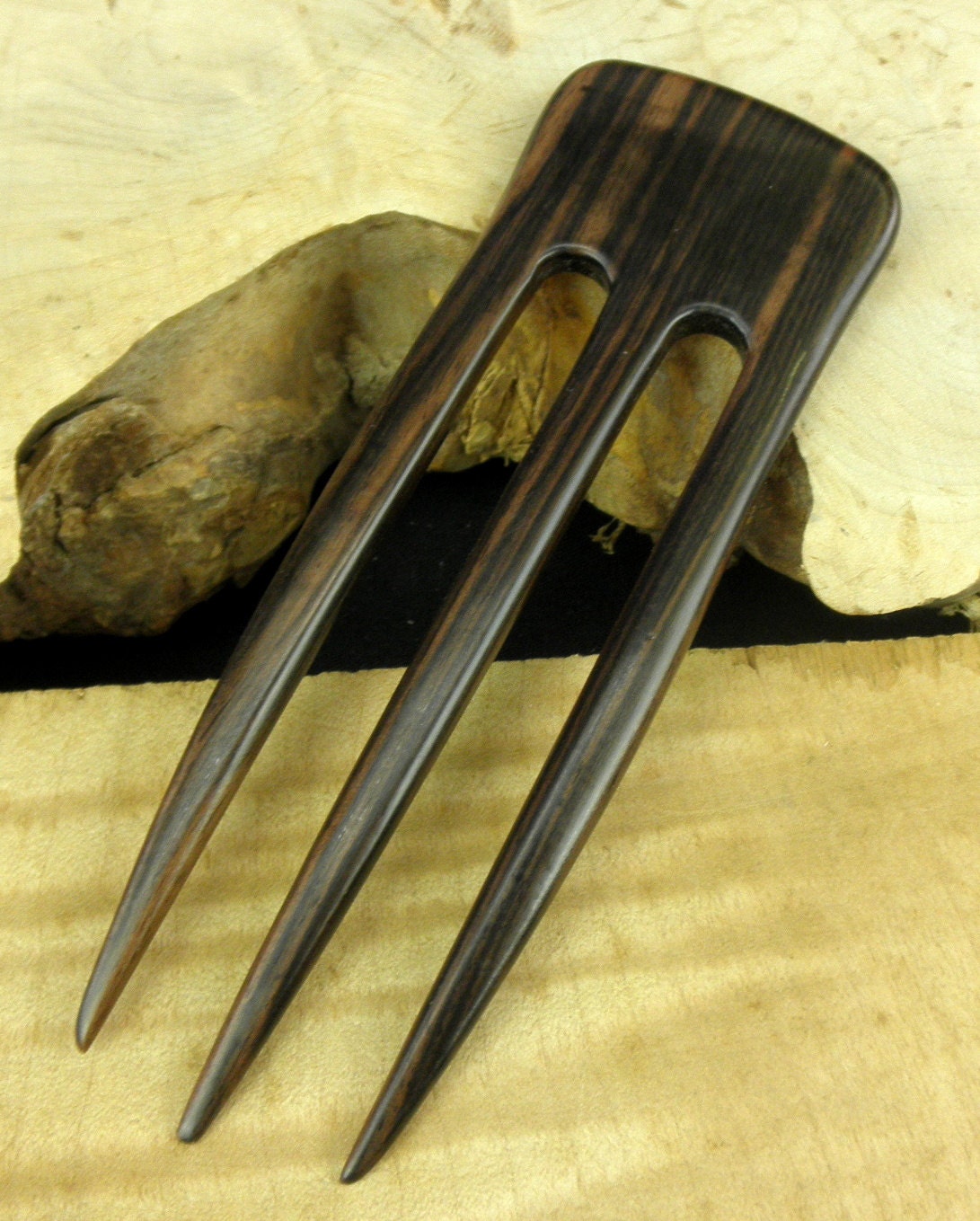 Striped Ebony 6 Inch Wooden Three Prong Straight Hair Fork Pick Pin ...