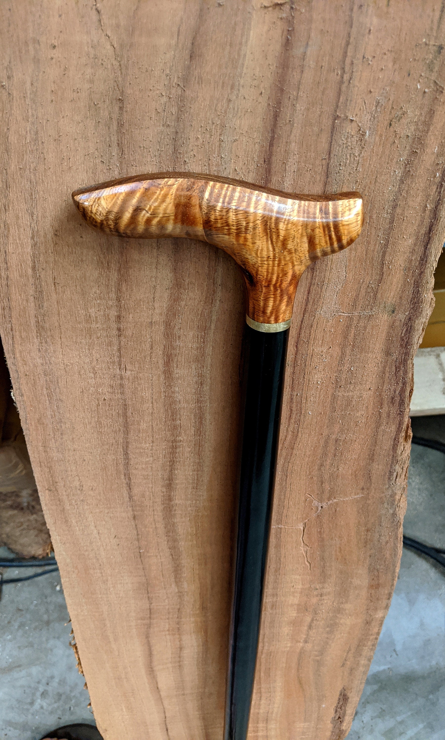 Curly Hawaiian Koa Cane Handle with a Turned Ebony Straight Shaft 36 1/ ...