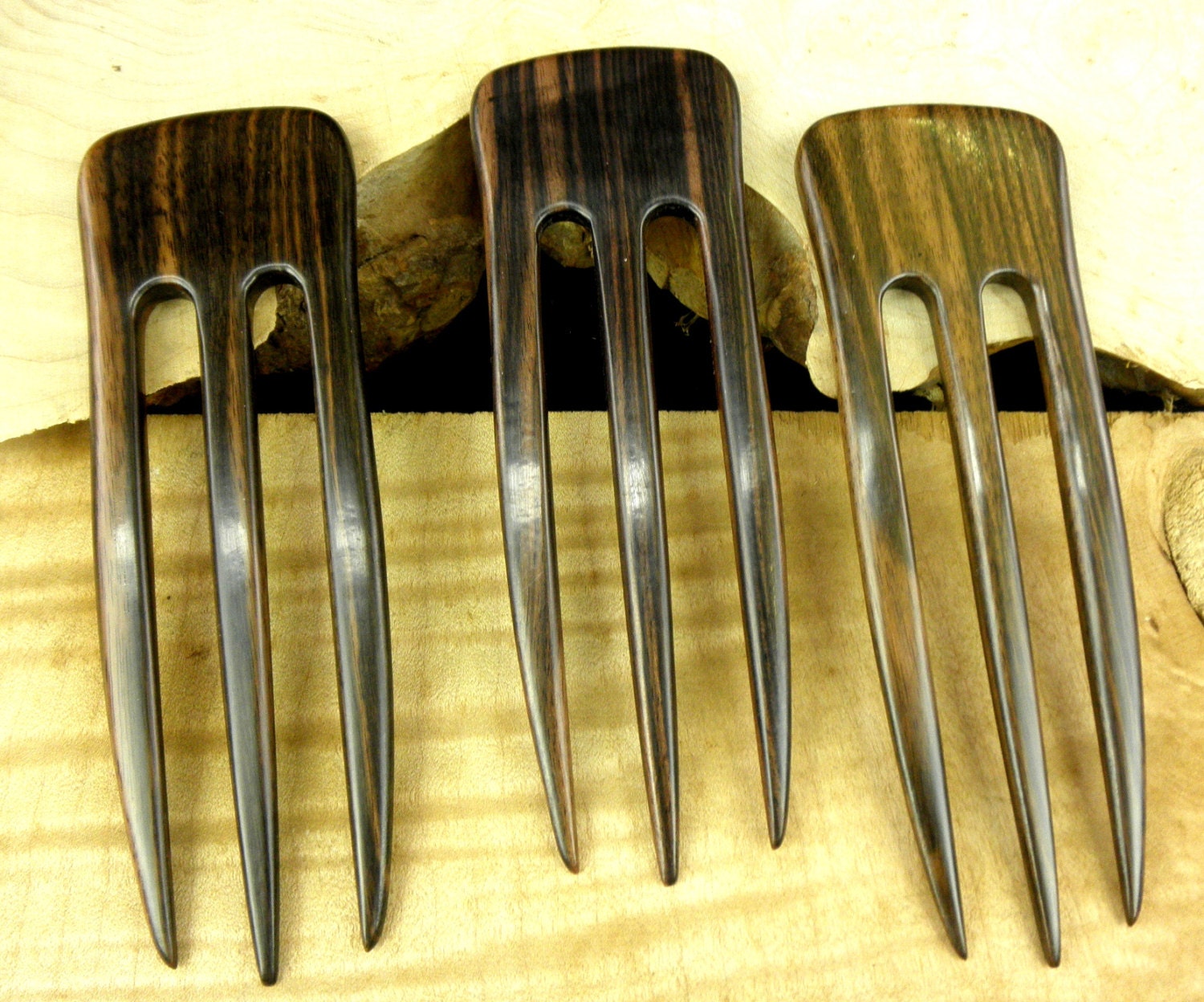Striped Ebony 6 Inch Wooden Three Prong Straight Hair Fork Pick Pin ...
