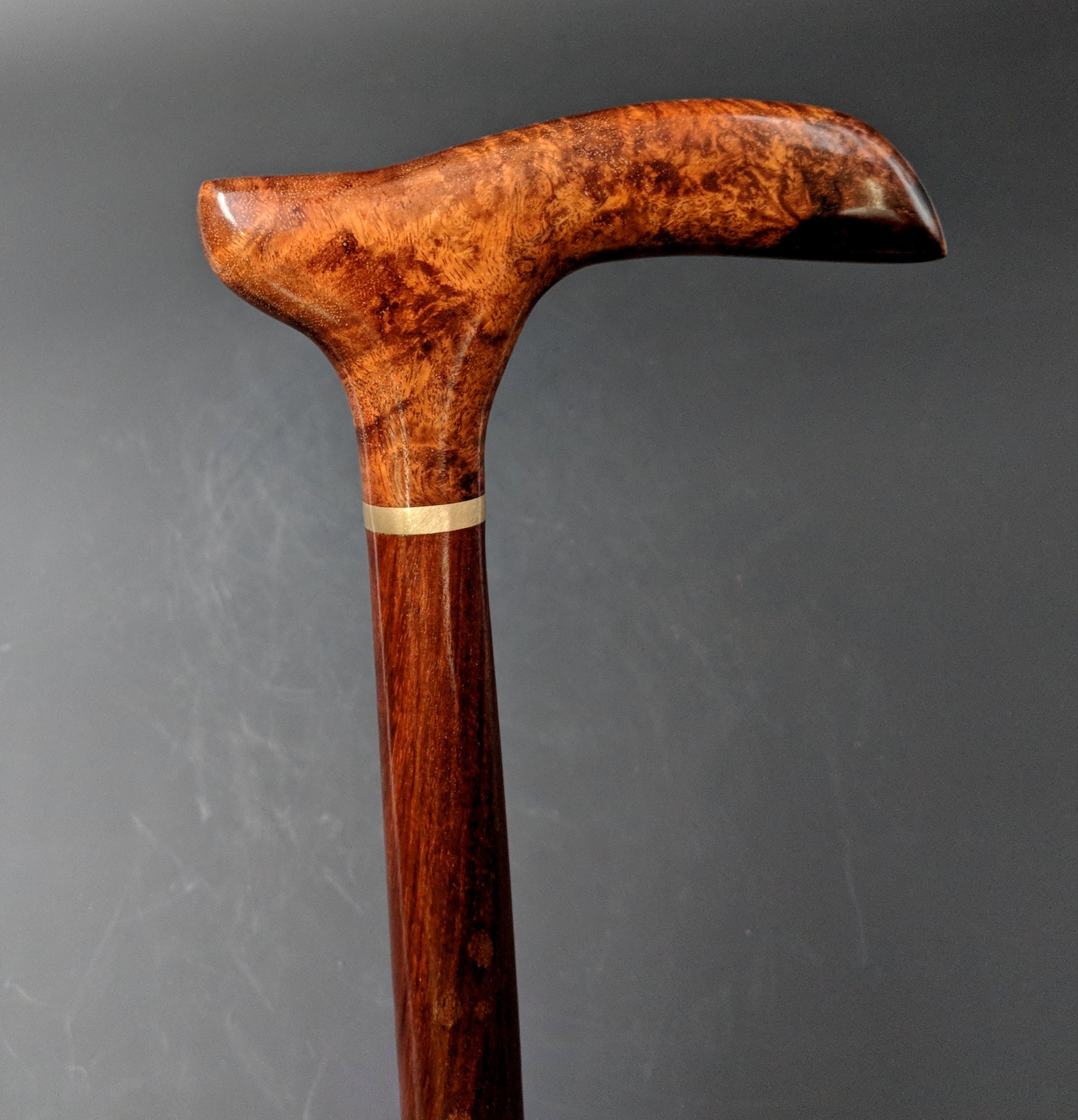 Curly Hawaiian Koa Burl Cane Handle With A Turned Spiral Rosewood Shaft