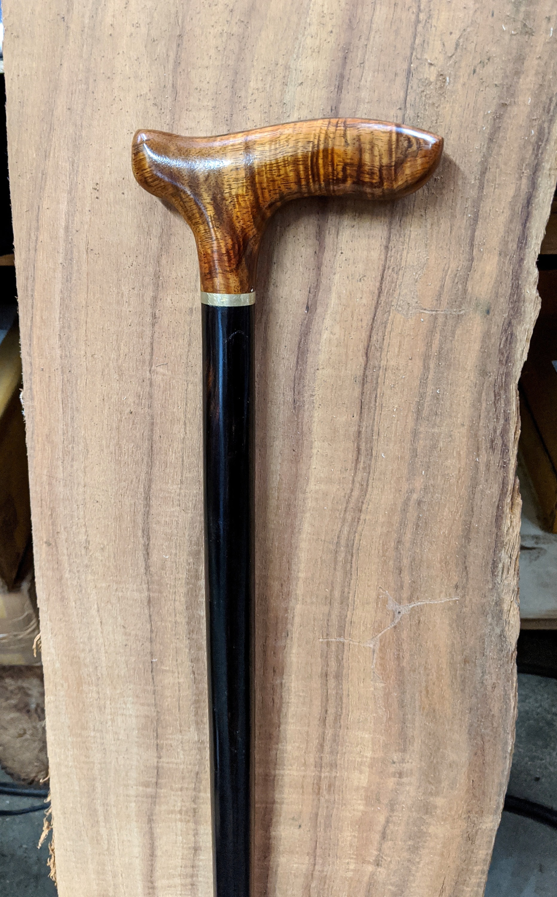 Curly Hawaiian Koa Cane Handle with a Turned Ebony Straight Shaft 36 1/ ...