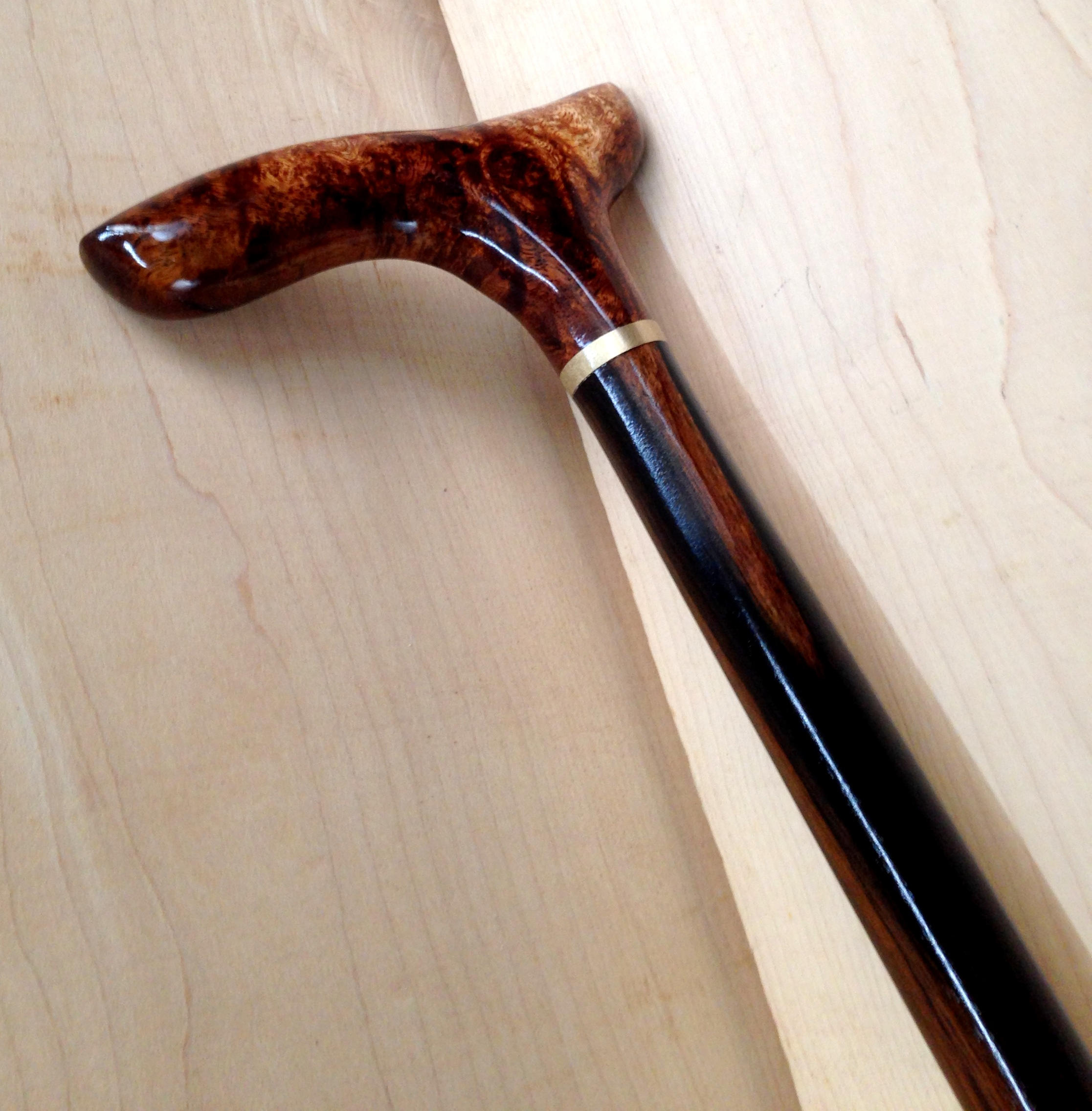 Curly Hawaiian Koa Burl Cane Handle with a Turned Ebony Straight Shaft ...