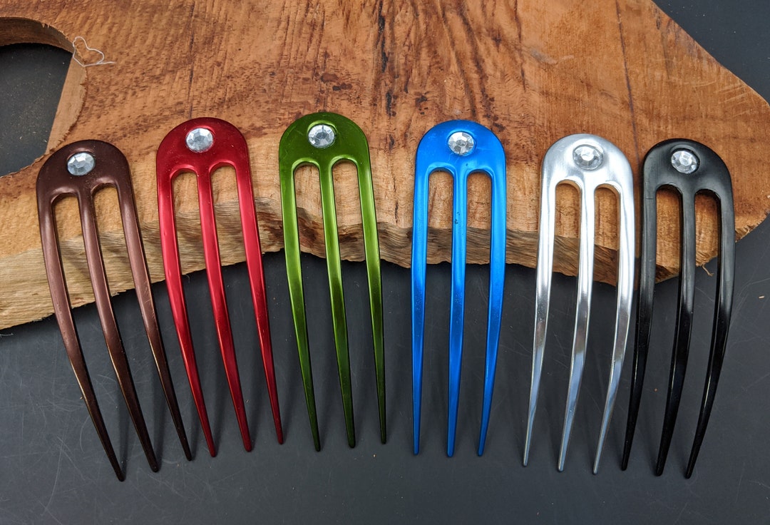 ONE Anodized Aluminum 4.9" Curved 3 Prong Hair Fork Pick Comb Pin Pic ...