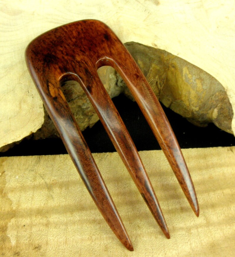 Laos Rosewood 4 7/8 Inch Three Prong Wooden Curved Hair Fork Pick Pin ...