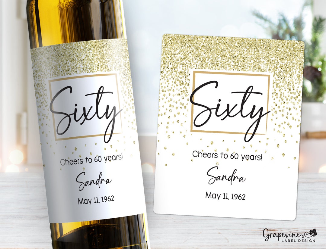 60th Birthday Wine Label - Sixty Years - Gold Sparkle - 4010W-60 - Etsy