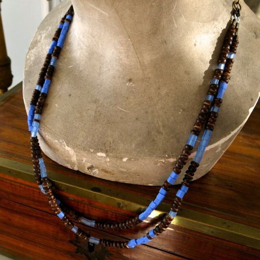 Periwinkle Blue and Dark Wood Long Beaded Necklace // Bohemian Multi ...