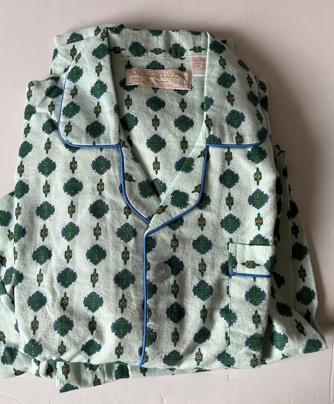 Vintage Mens 70s Pajama INTERMISSION Foulard Print Piped Flannelette L ...
