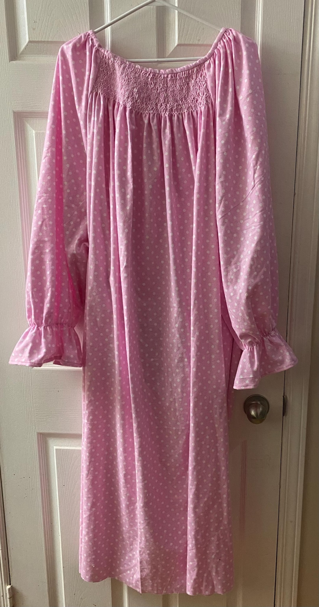Smocked Flannel Nightgown - Polka Dots - Etsy