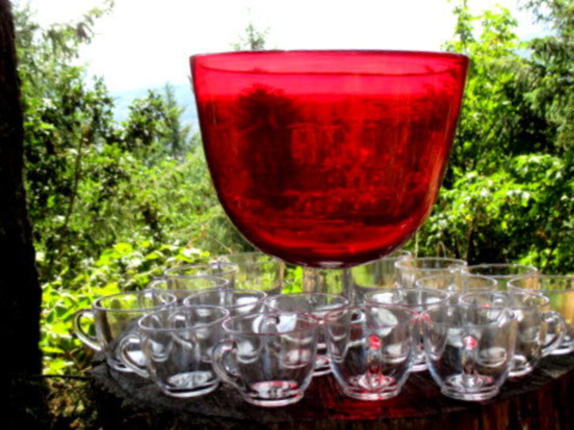 Red Federal Glass Compote Punch Bowl Set With 14 Glasses | Etsy
