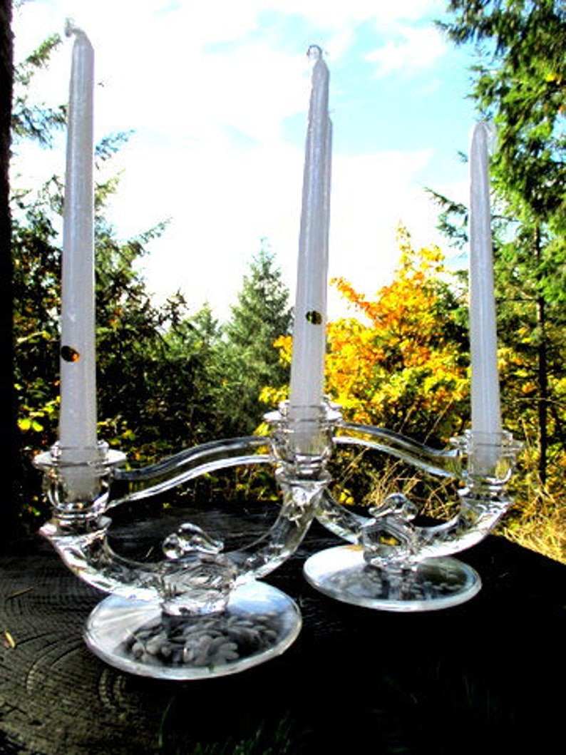Pair of Indiana Glass Double Candlesticks Etched Bottom - Etsy