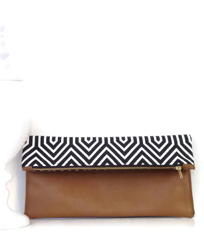 Clutch Bag Large Oversize Fold Over Fabric and Leather Clutch Bag Black ...