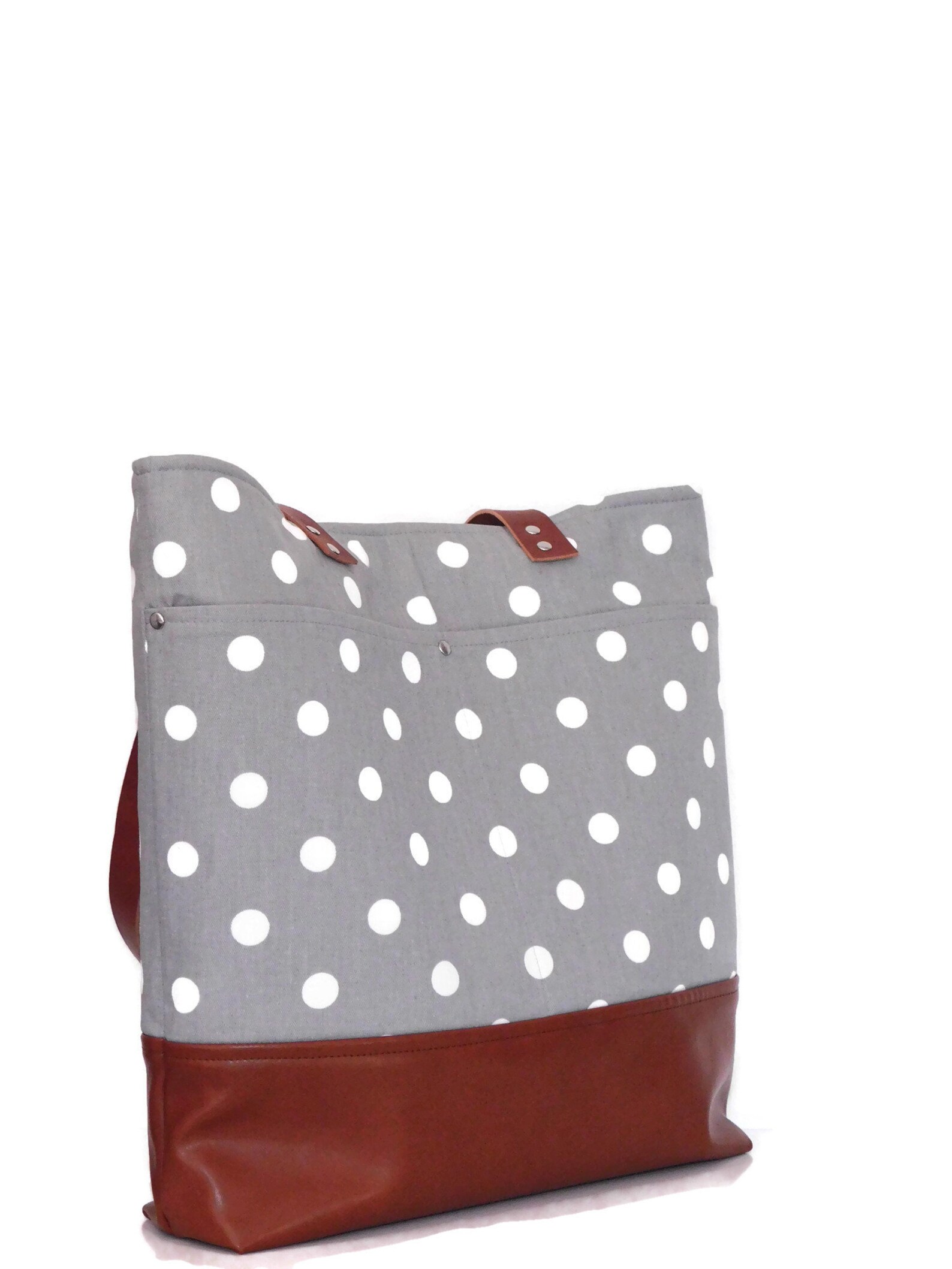 Tote Bag- Canvas Tote Bag - Gray Polka Dot With Brown Leather - Etsy