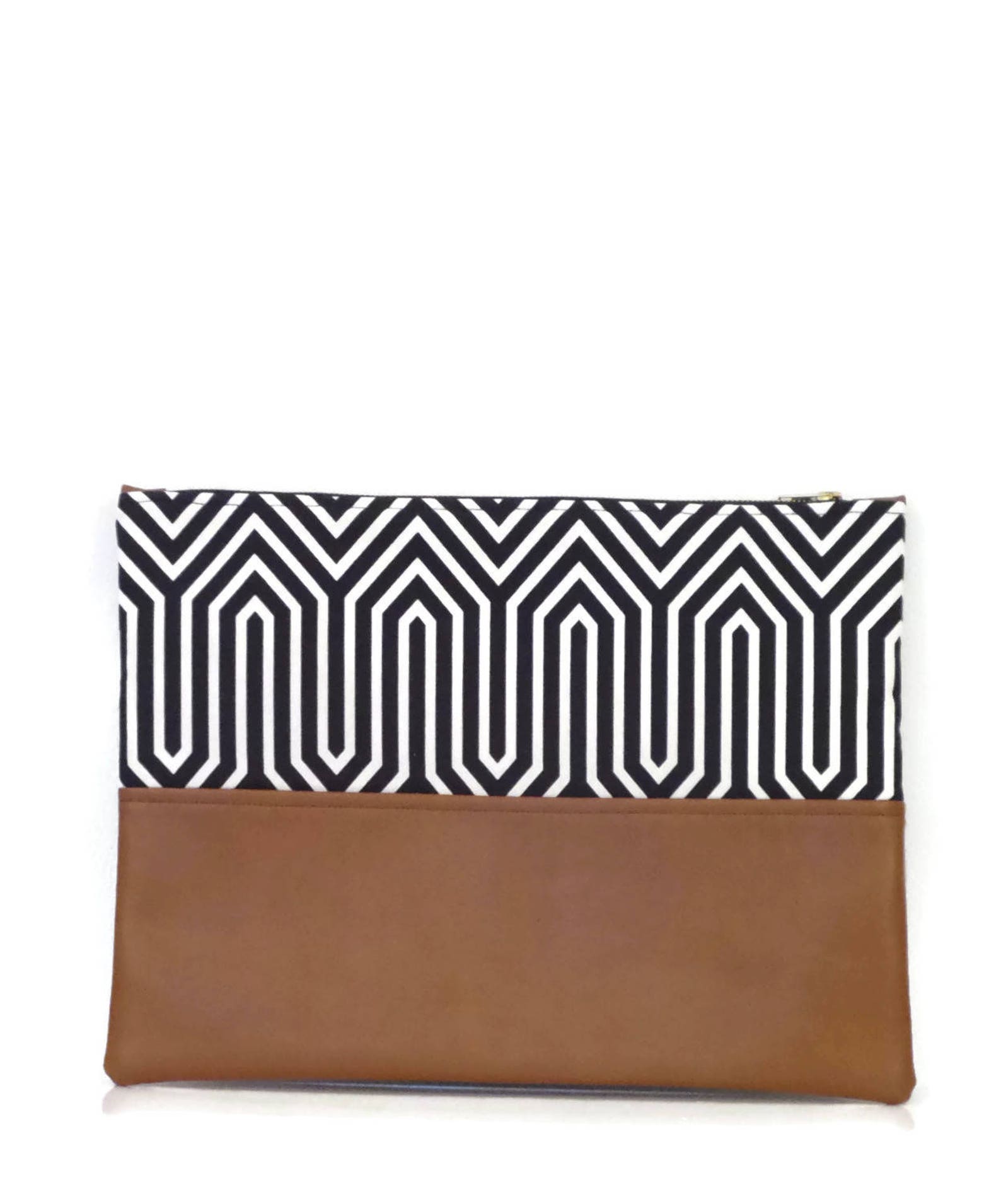 Clutch Bag Large Oversize Fold Over Fabric and Leather Clutch Bag Black ...