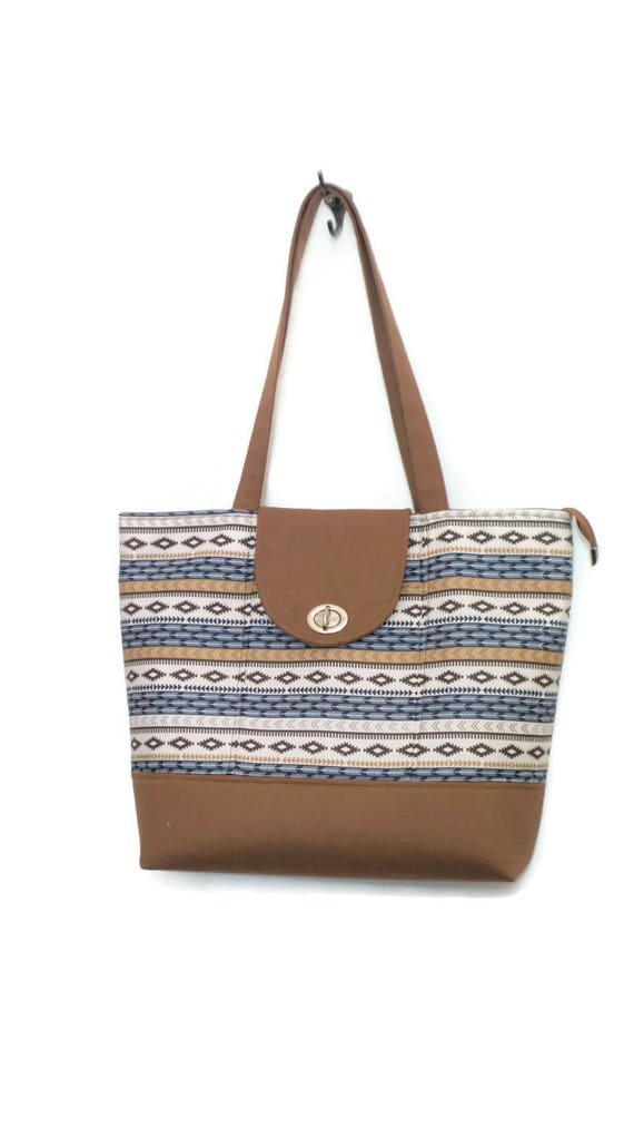 Tote Bag Shoulder Bag with zipper Brown and Navy Tribal | Etsy
