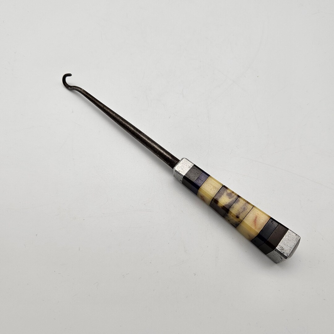 Antique Trench Art Button Hook - Faux Agate and Steel Striped Handle - Etsy