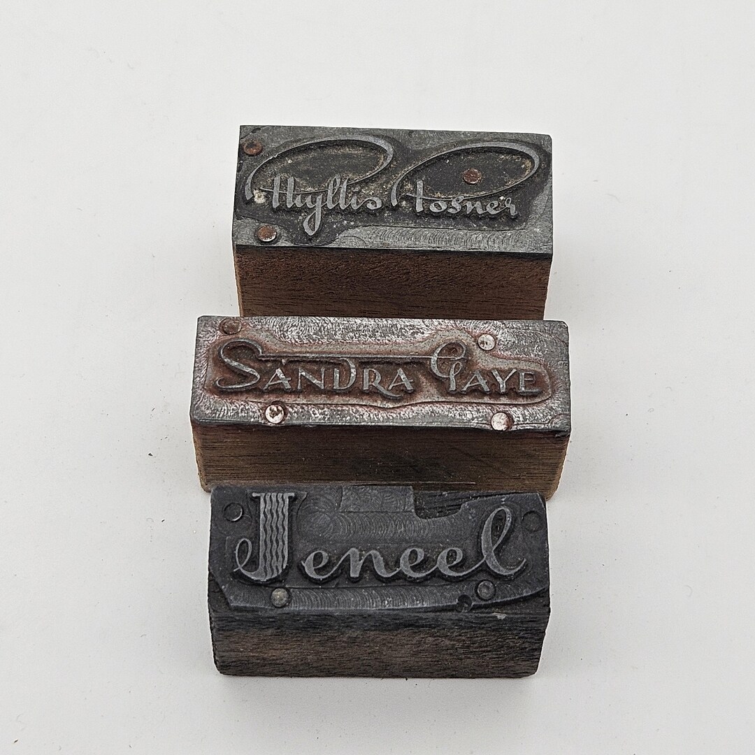 Antique Printing Blocks Advertising - Metal on Wood - Brand Names Shops ...