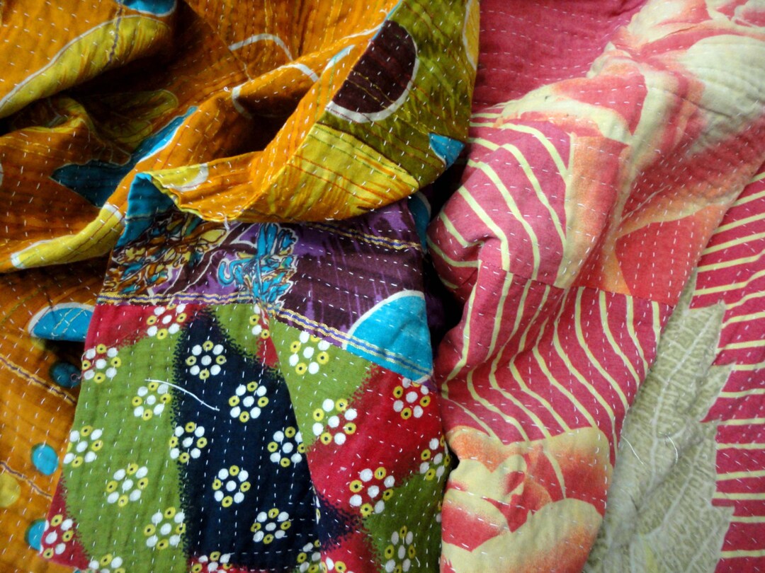 KANTHA QUILT VINTAGE Sari Blanket Bohemian Ethnic Indian Throw Cotton ...