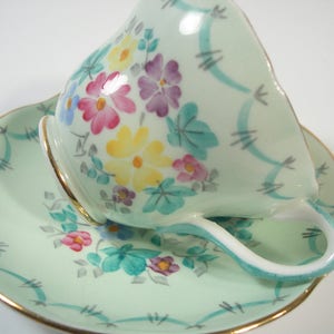 Foley Tea Cup and Saucer, Green Tea Cup and Saucer Set, Floral Hand ...