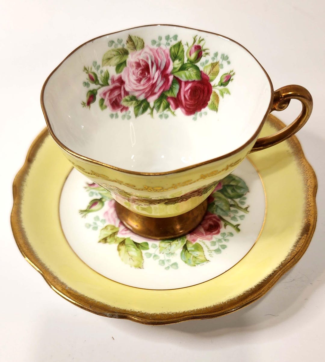 Foley Tea Cup and Saucer Set, Yellow Set With Pink Roses, E.B. Foley ...