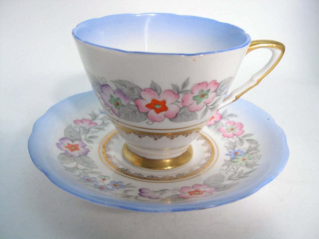 Royal Stafford Tea Cup and Saucer, Blue Tea Cup and Saucer Set, Floral ...