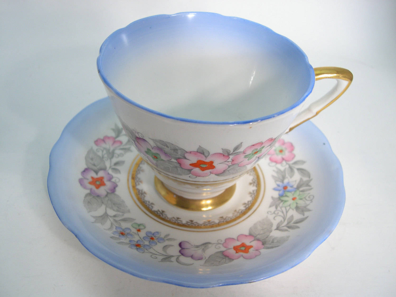 Royal Stafford Tea Cup and Saucer, Blue Tea Cup and Saucer Set, Floral ...