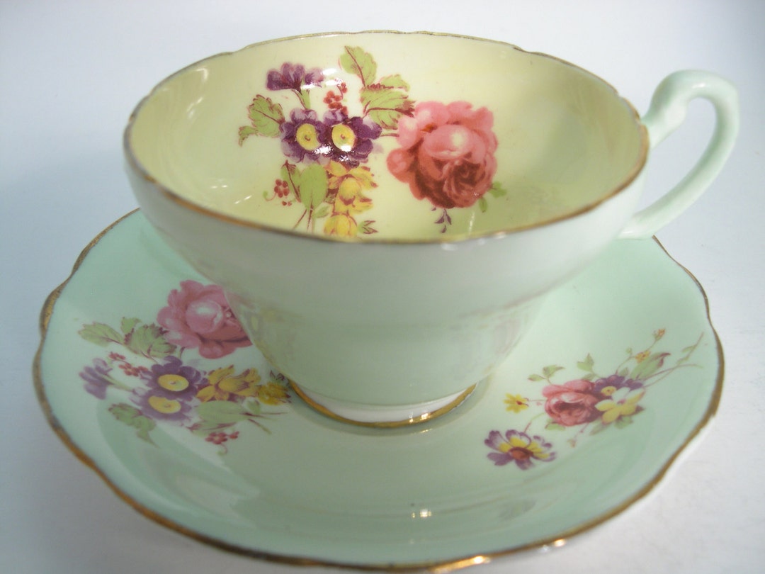 Mint Green Foley Tea Cup and Saucer, Brushed Gold Rims With Pink Roses ...