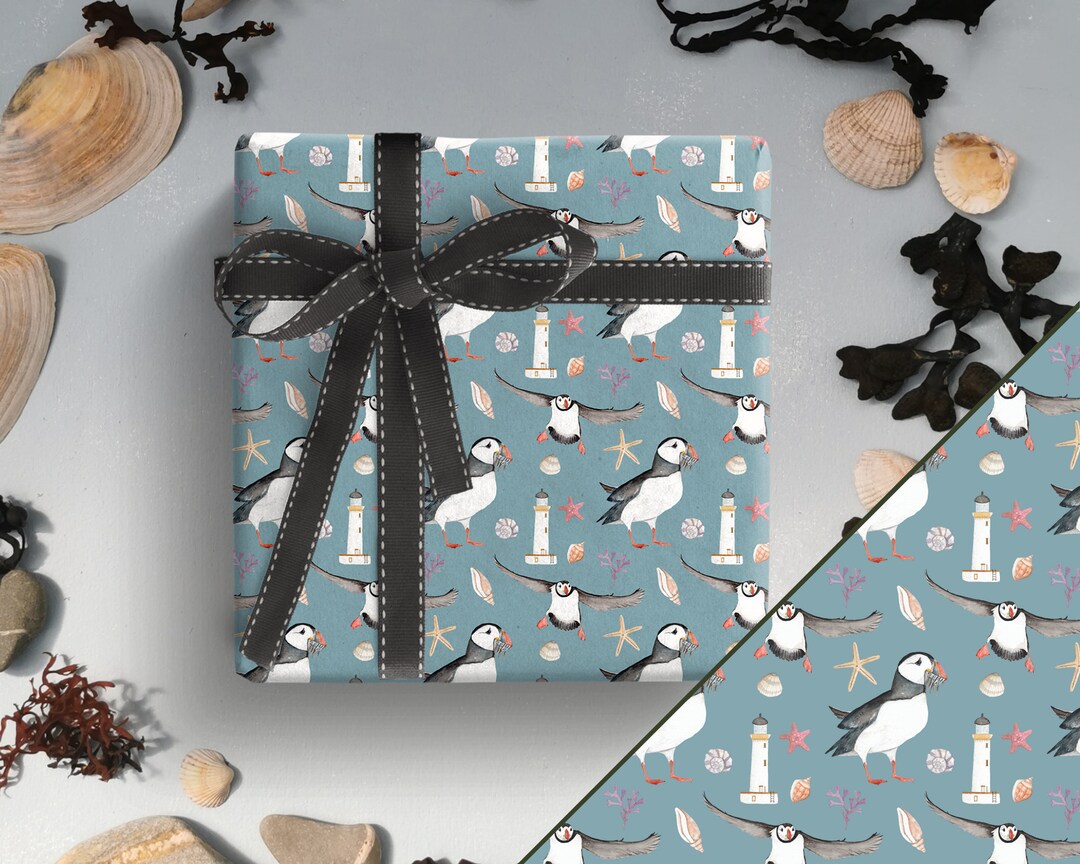 Puffin Wrapping Paper, Puffin Gift Wrap, Coastal Gift Wrap, Birthday ...