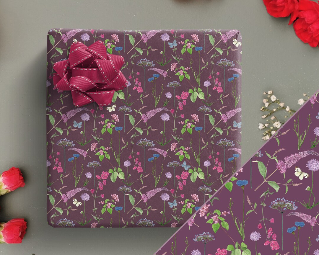 Purple Butterfly Garden Wrapping Paper, Floral Gift Wrap, Butterfly ...