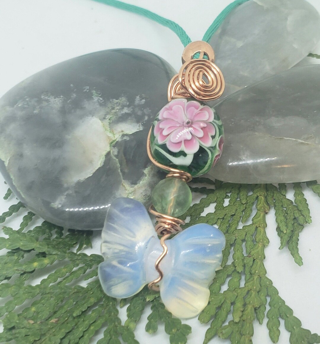 Opalite Glass Butterfly & Emerald Lampwork Floral Bead Lifeforce Amulet Healing Joy Necklace by ...