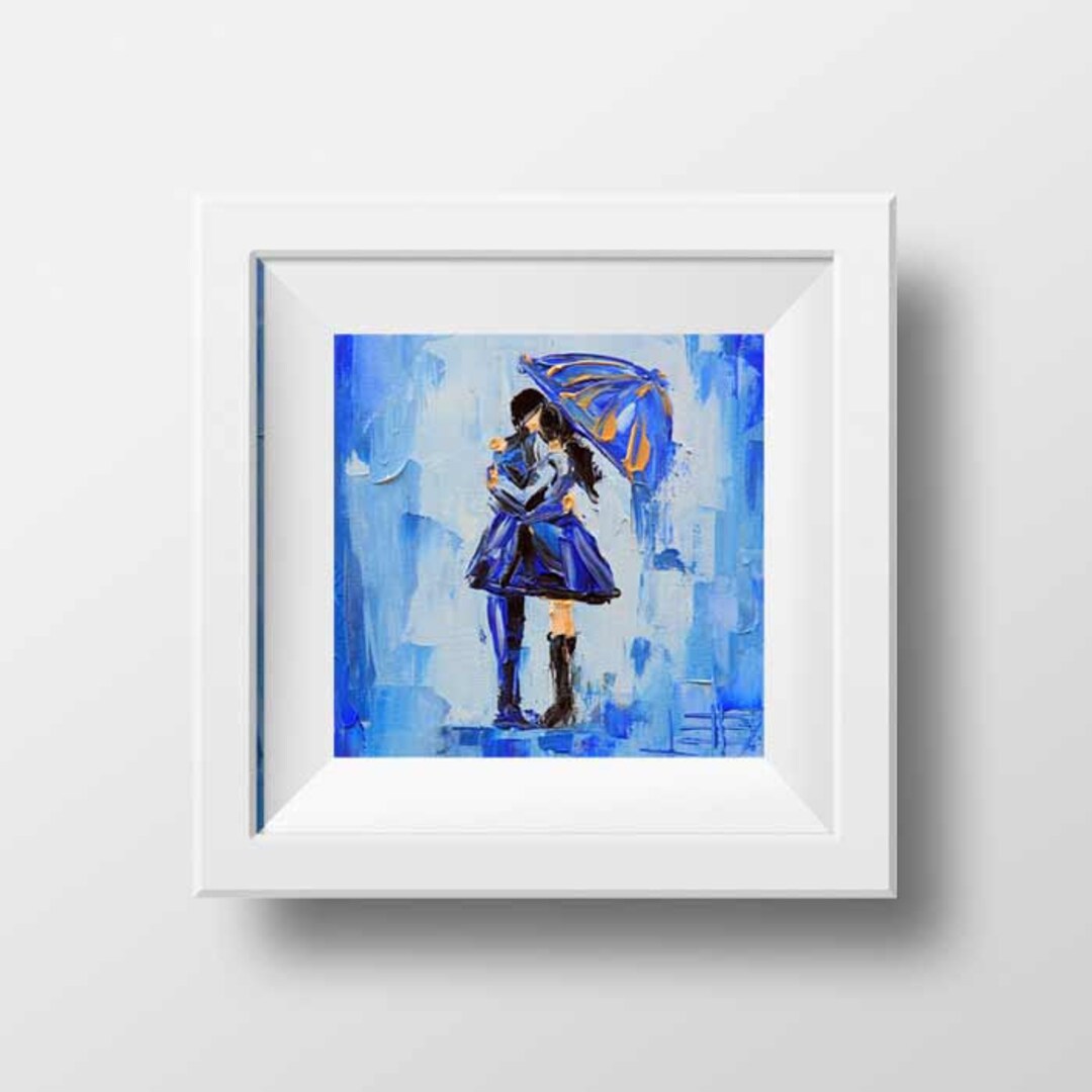 Blue Romance Art Print: Kissing Couple Under Umbrella - Etsy