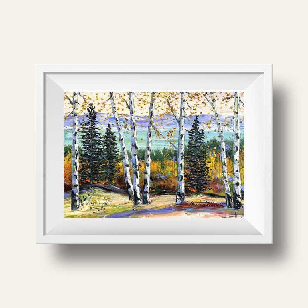 Birch Tree Fall Landscape Print: Palette Knife Artwork by Lisa Elley - Etsy