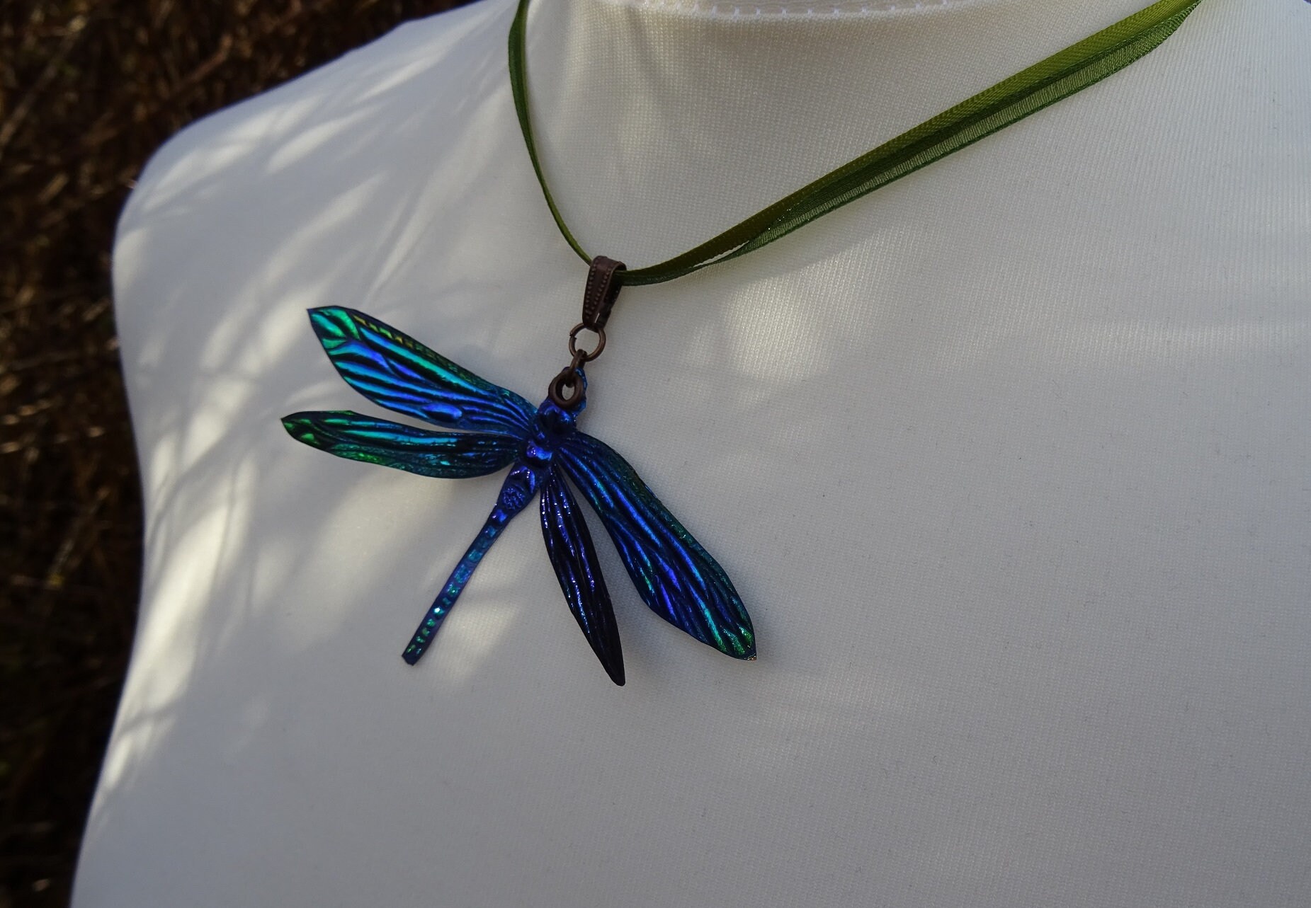 Dragonfly Ribbon Necklace ~ Electric Blue