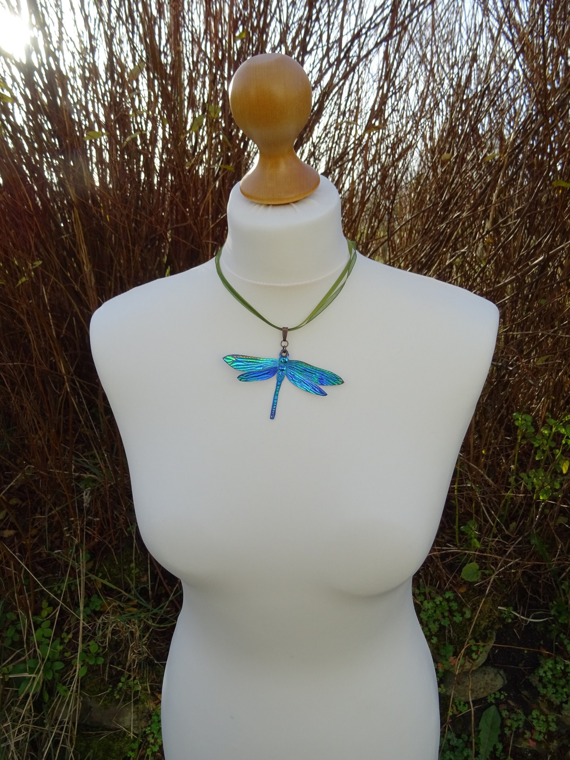Dragonfly Ribbon Necklace ~ Electric Blue